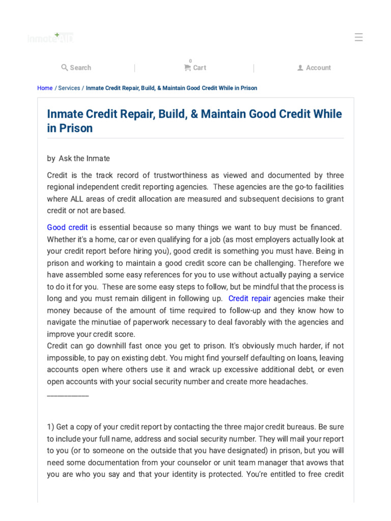 Inmate Credit Repair, Build, & Maintain Good Credit While in Prison ...