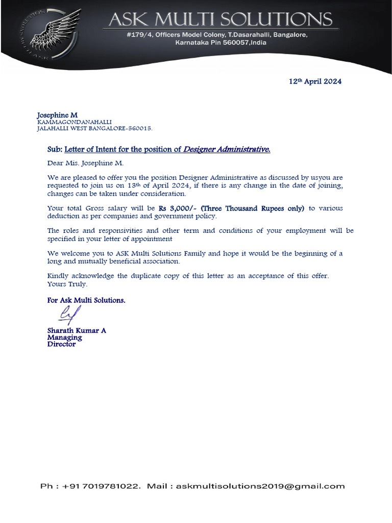 Appointment Letter Josephine M | PDF