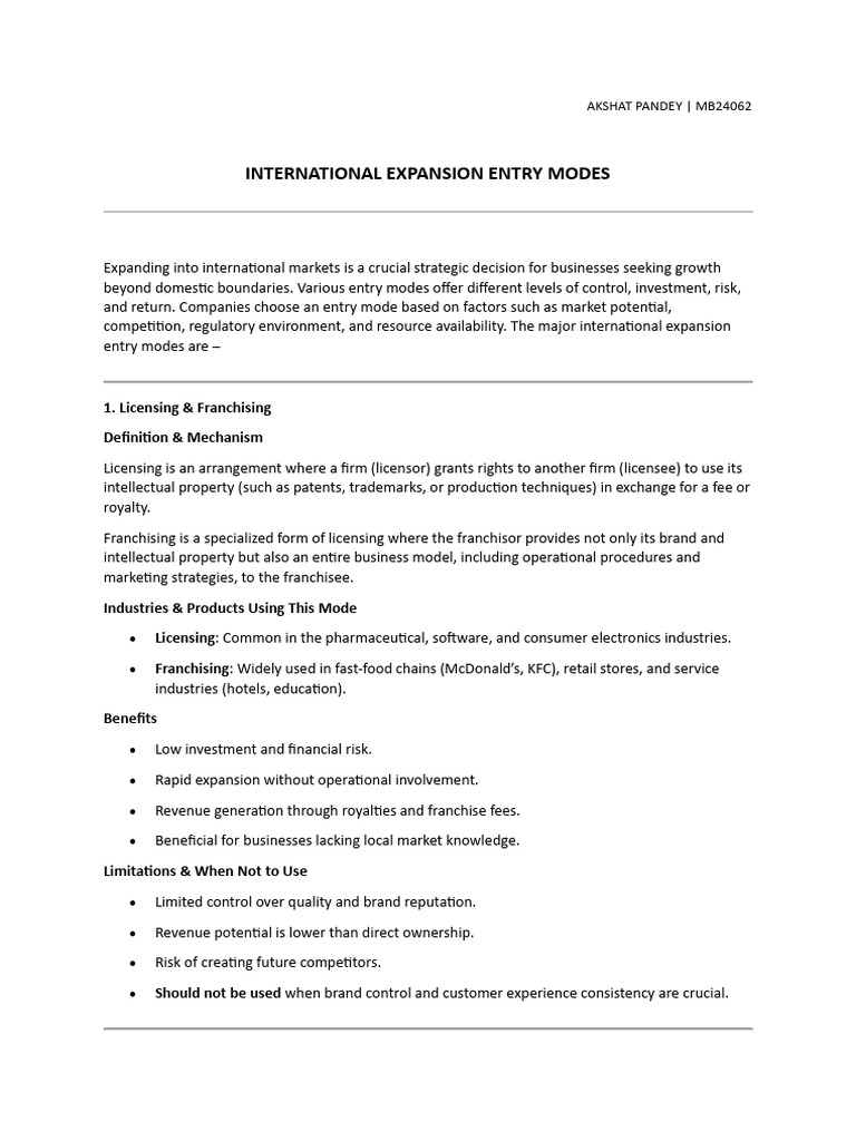 International Expansion Entry Modes Guide | PDF | Franchising | License