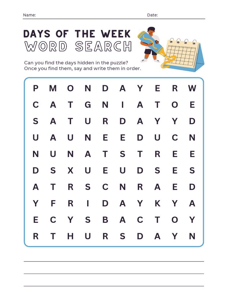 Days of the Week Word Search Worksheet In Colorful Simple Style | PDF