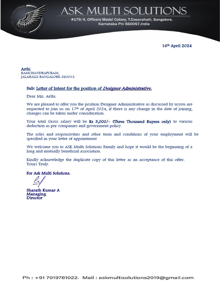Appointment Letter Arthi | PDF