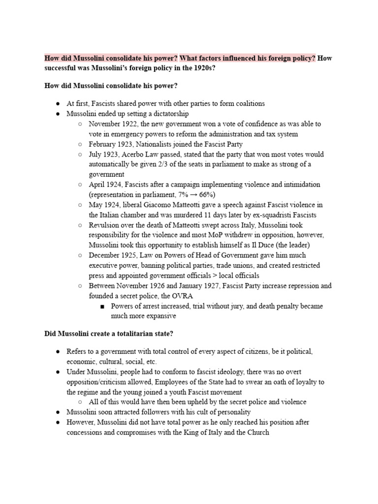 Mussolini's Power and Foreign Policy in 1920s | PDF | Benito Mussolini ...