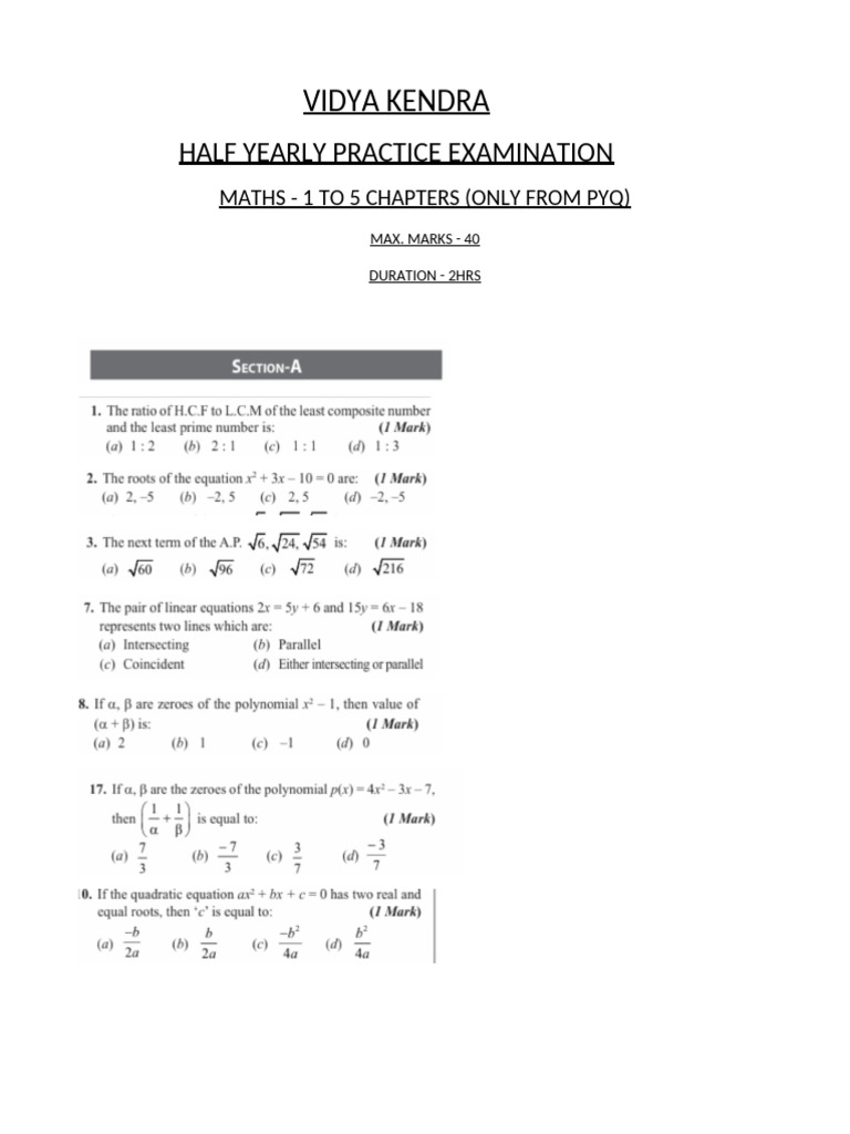 Question Paper of Maths of CH 1 To 5 | PDF