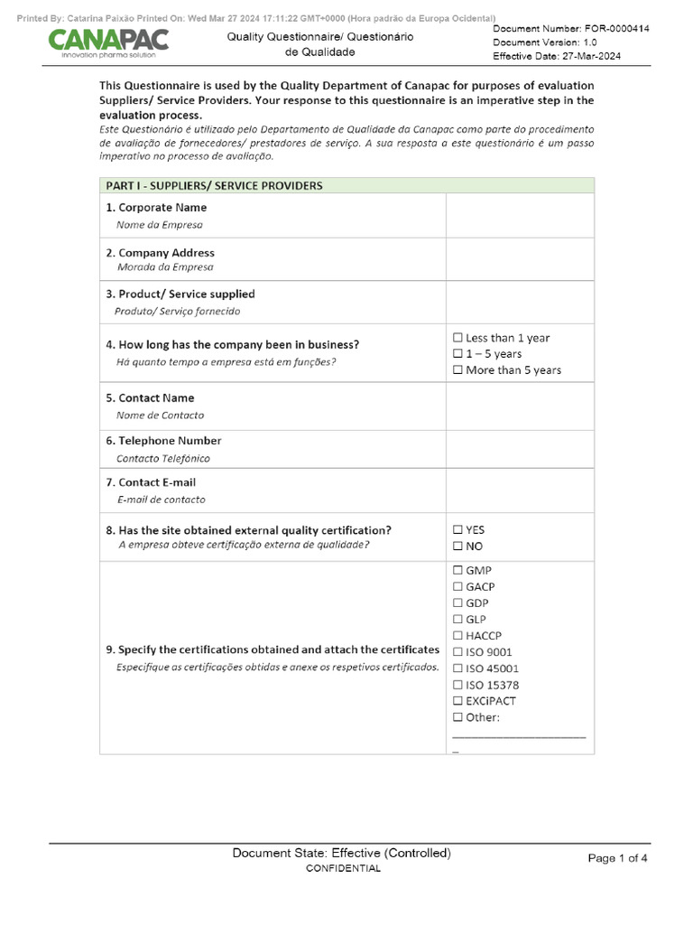 Quality Questionnaire | PDF