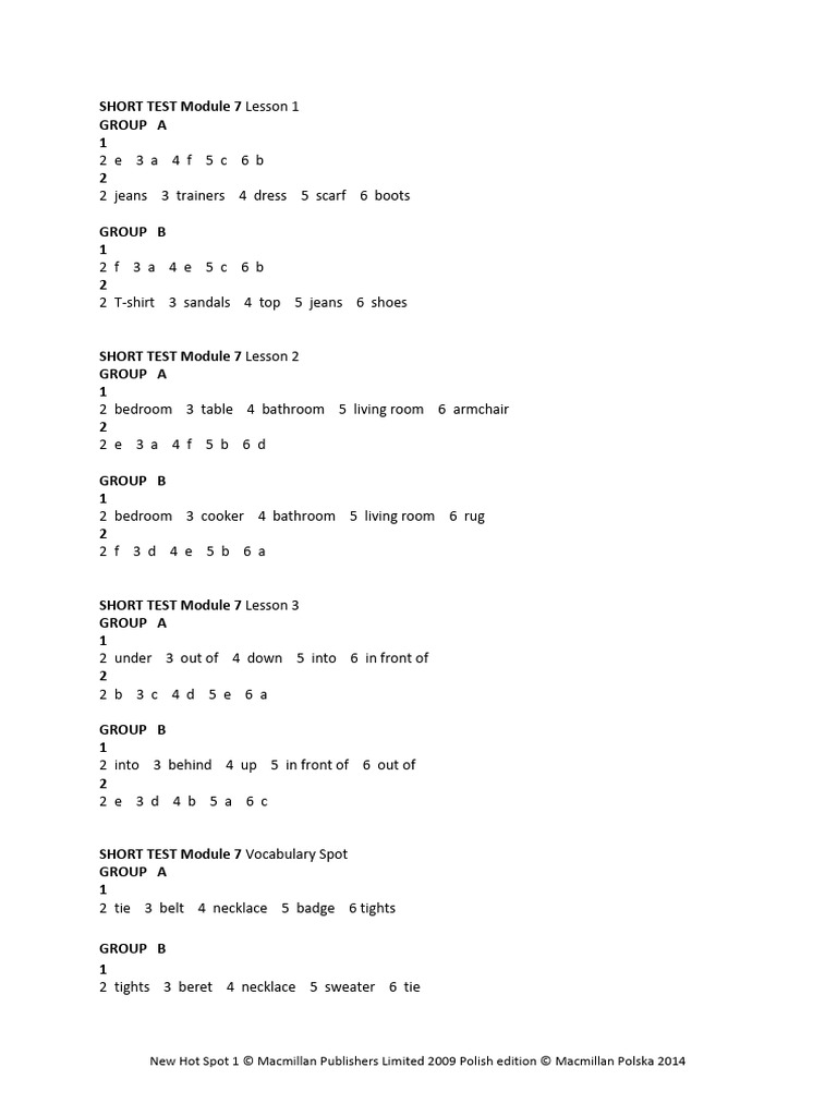 New Hot Spot 1 Short Tests Module 7 Answer Key | PDF