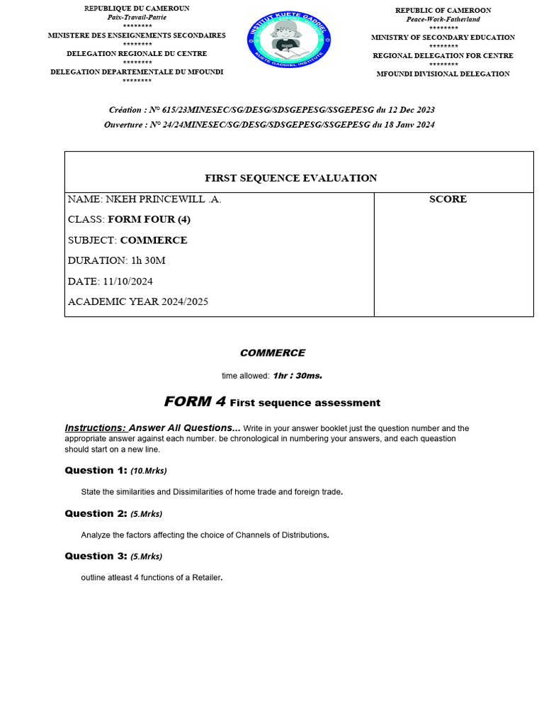 Form 4 Commerce First Sequence Assessment | PDF