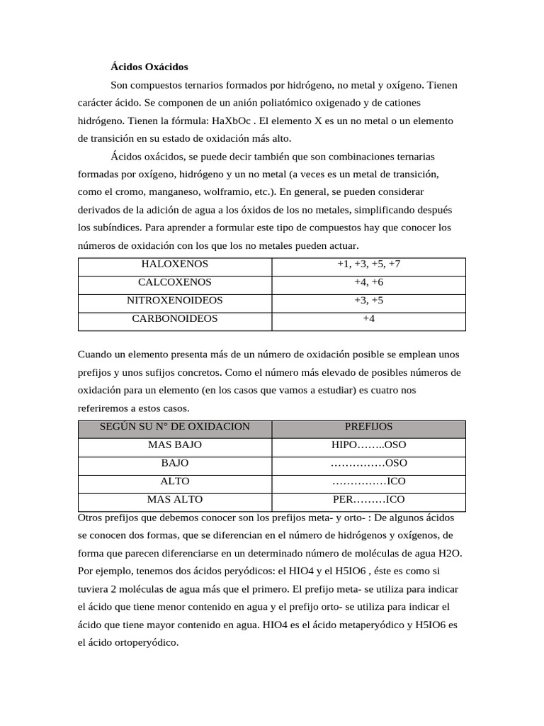 Guía sobre Ácidos Oxácidos y Nomenclatura | PDF | Química | Conjuntos de elementos químicos