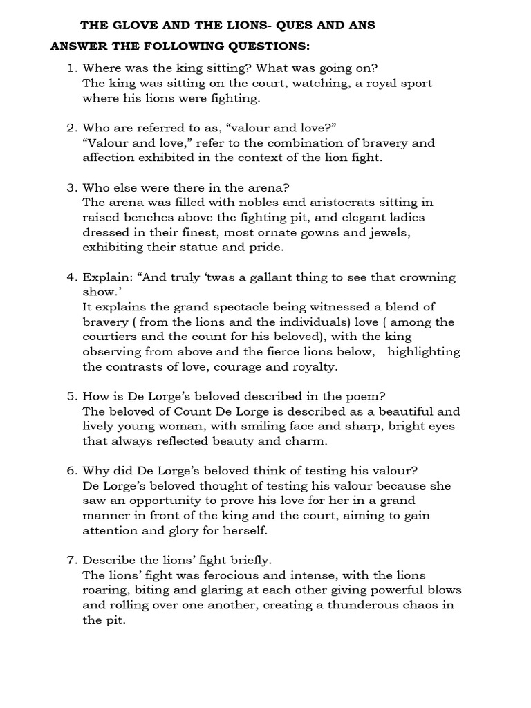 The Glove and The Lions-Ques and Ans Answer The Following Questions | PDF