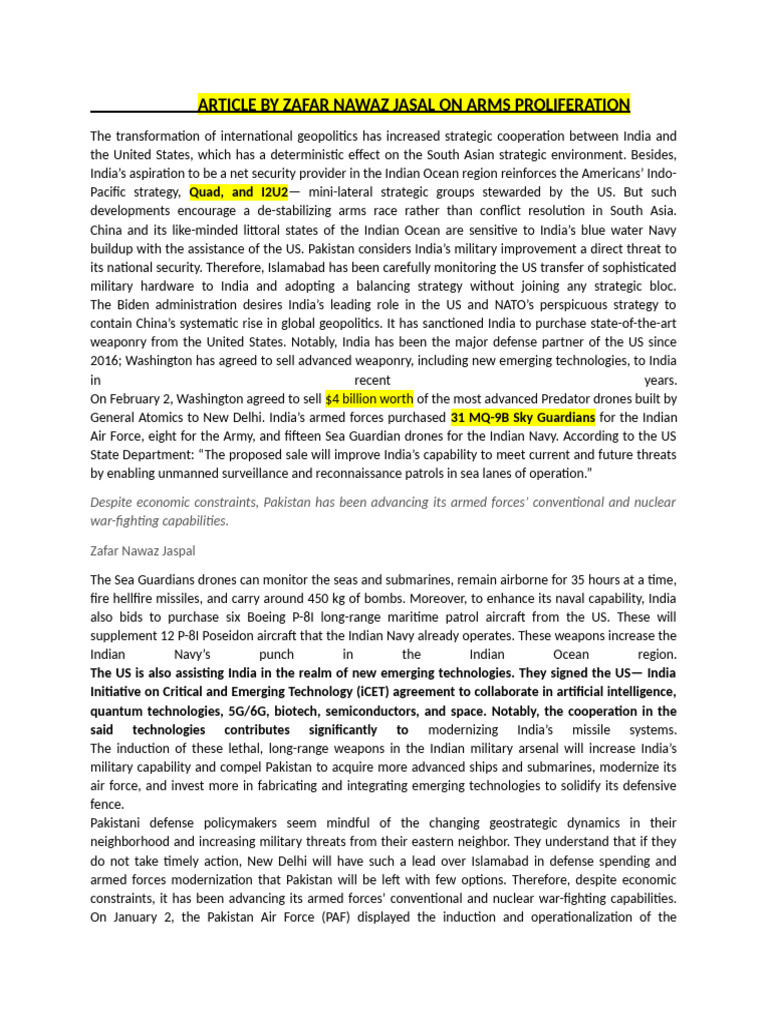 ARTICLE BY ZAFAR NAWAZ JASAL ON ARMS PROLIFERATION | PDF | United ...