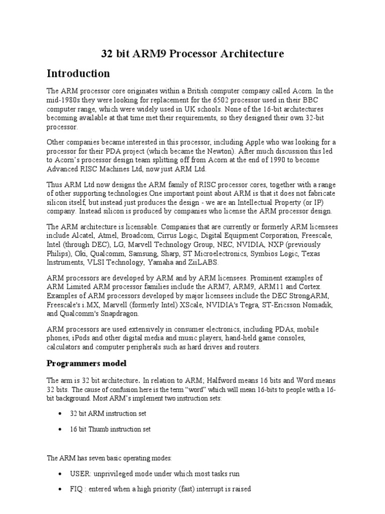 32 Bit ARM9 Processor Architecture: Programmers Model | PDF | Arm ...