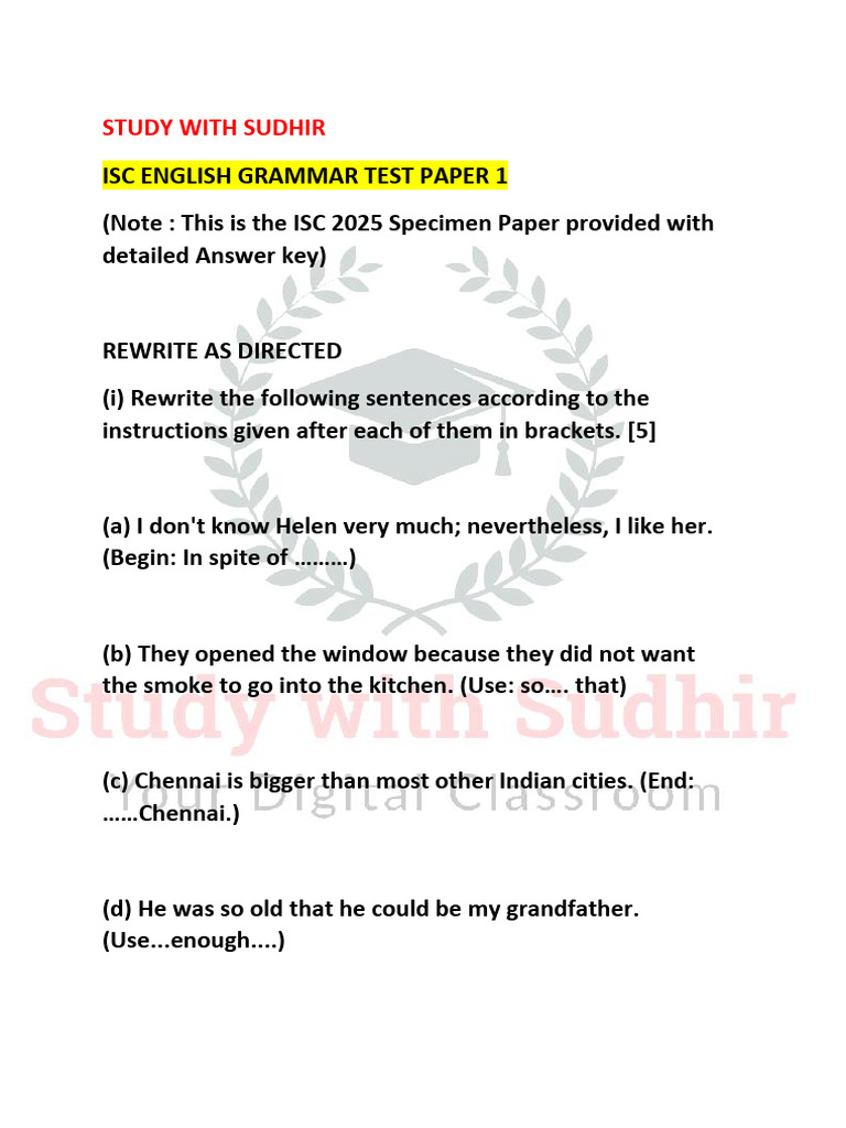 002 ISC English Grammar Test Papers ISC Grammar Test Paper 1 B | PDF ...