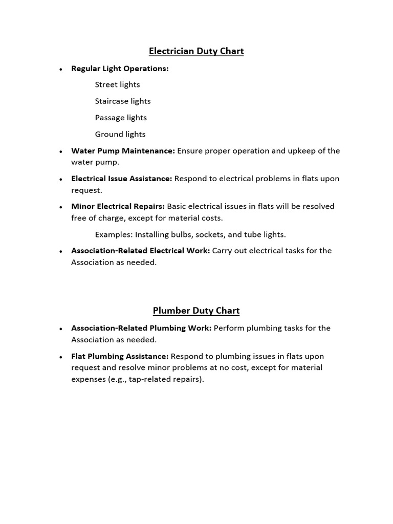 Duty Charts for Electrician, Plumber, Sweeper, Manager | PDF