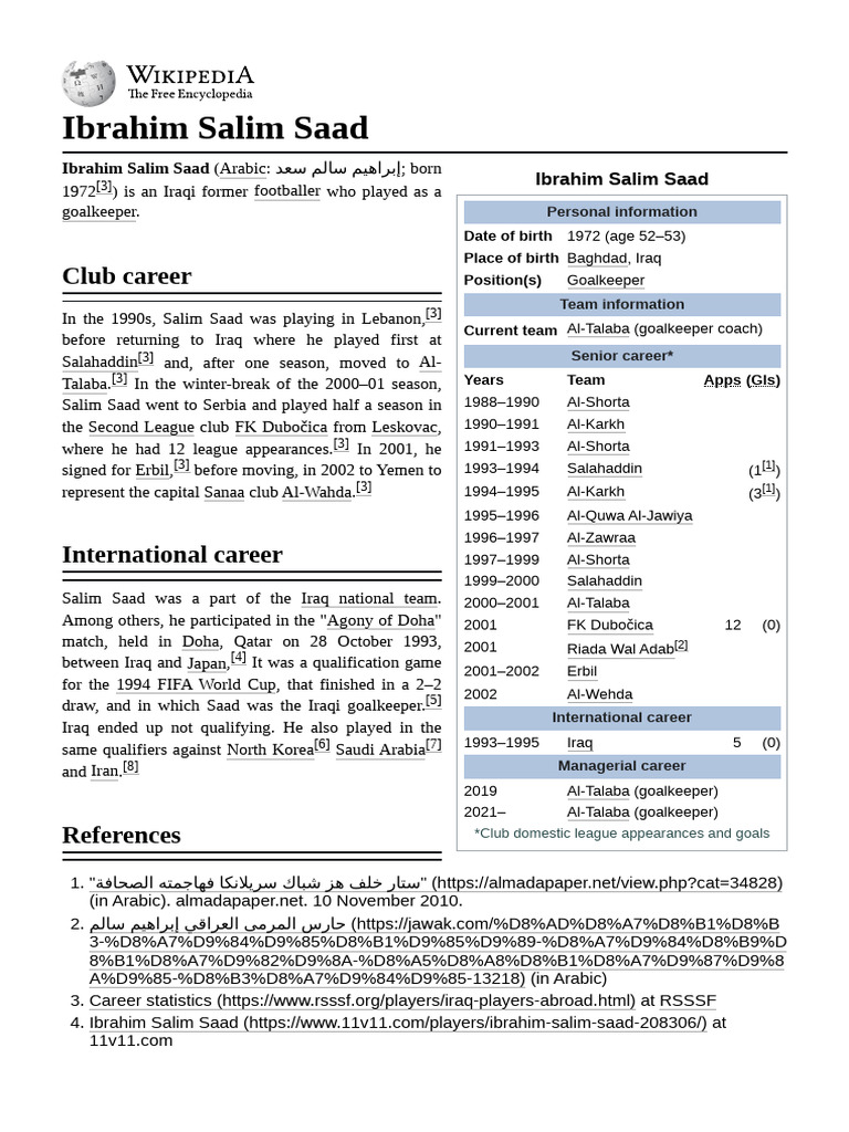 Ibrahim Salim Saad: Iraqi Goalkeeper | PDF | Association Football Clubs ...