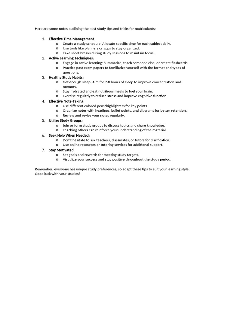 Essential Study Tips for Matriculants | PDF