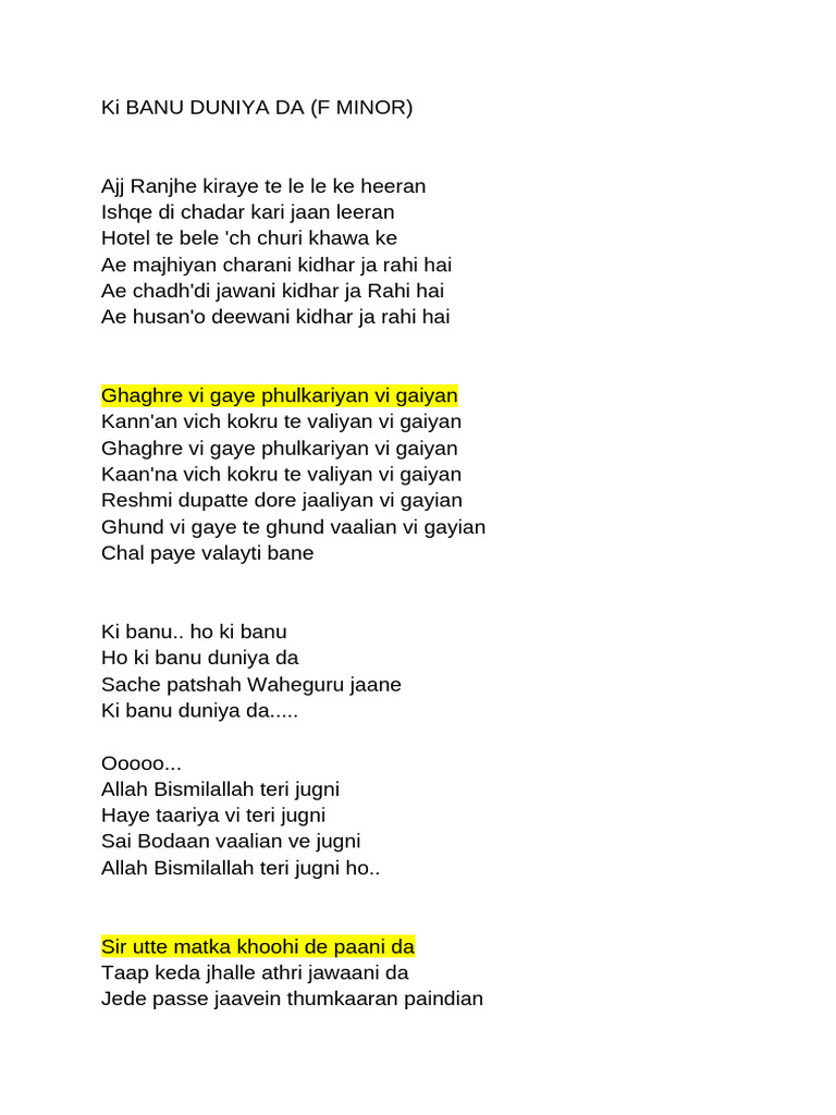 Ki Banu Duniya Da Lyrics Analysis | PDF