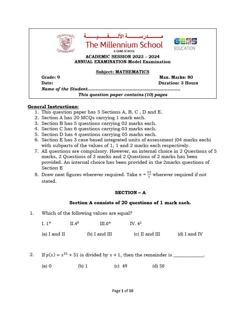 9th Class Maths SA2 Question Paper 2023 | PDF | Circle | Area