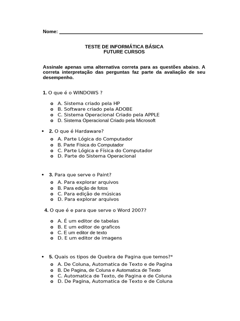 Teste de Informatica | PDF | Microsoft Excel | Internet
