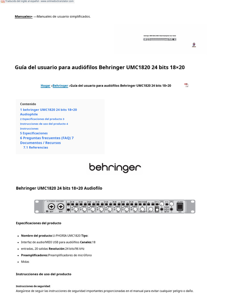 Guía Behringer UMC1820: Especificaciones y Uso | PDF | Enchufes y tomas ...