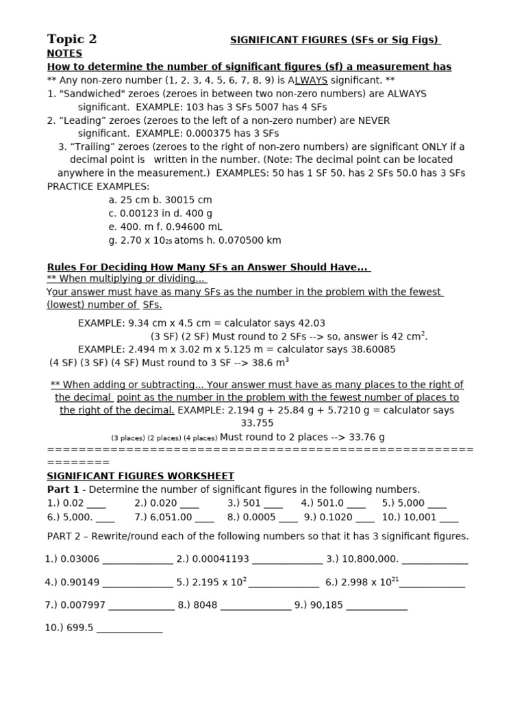 Topic 2 Significant Figures and Calculations | PDF | Significant ...