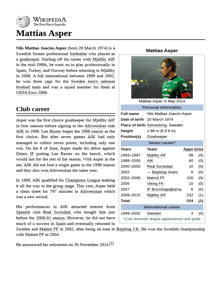 Mattias Asper: Swedish Goalkeeper Profile | PDF | Association Football ...