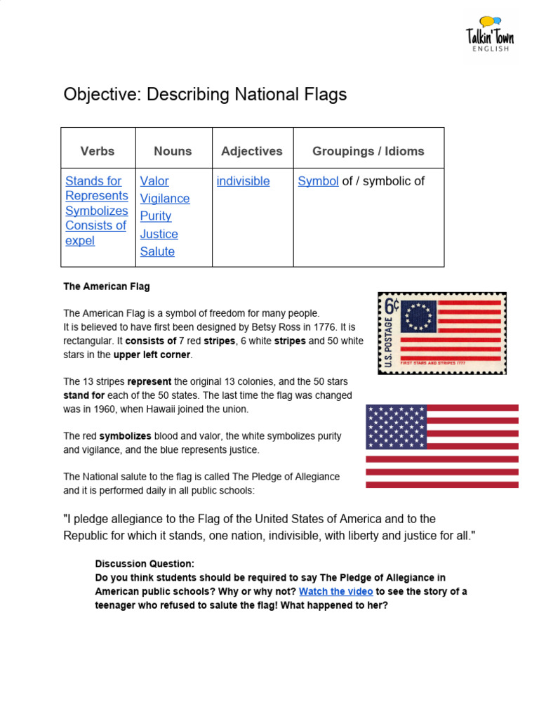 Objective: Describing National Flags: Verbs Nouns Adjectives Groupings ...