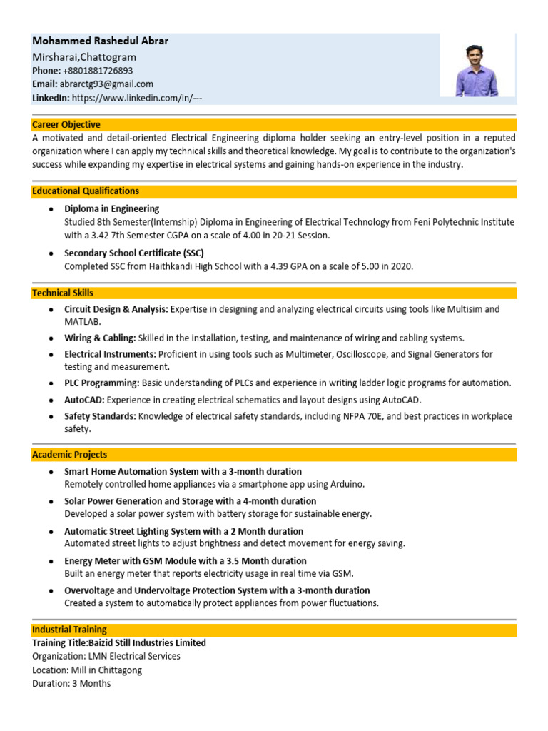 CV of Fresher Diploma Engineer-1 | PDF | Programmable Logic Controller ...