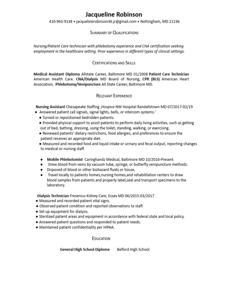 Nursing and Phlebotomy Resume | PDF