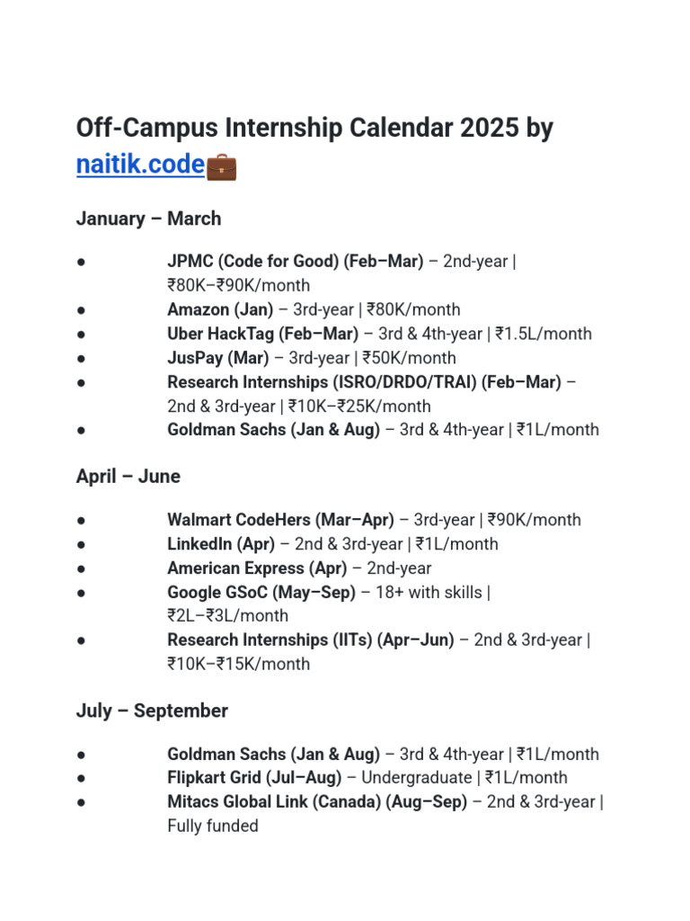Off-Campus Internship Calendar 2025 | PDF