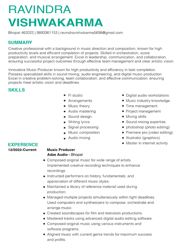 Ravindra Producer Resume 2024 | PDF | Sound Recording And Reproduction | Audio Engineer