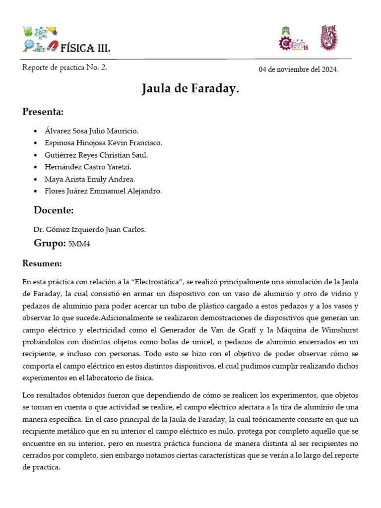 Practica 2, Jaula de Faraday. | PDF | Electricidad | Electrostática