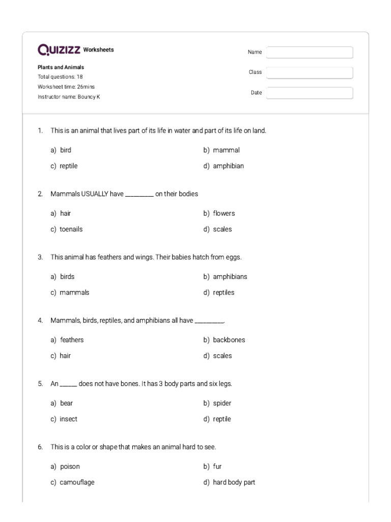 Plants and Animals Quiz Worksheet | PDF | Predation | Foods