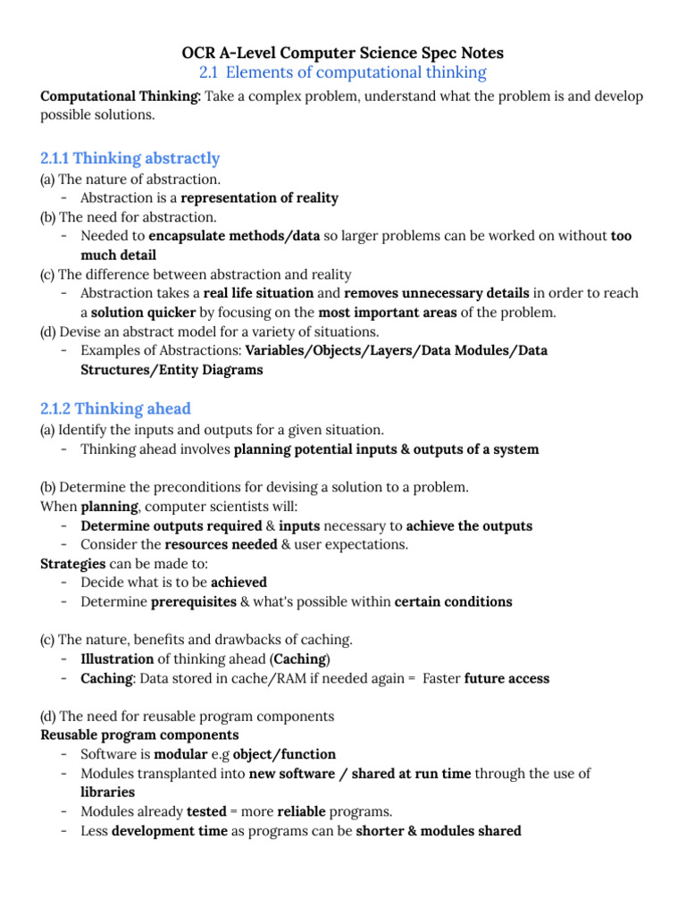 Ocr A Level Computer Science Spec Notes 21 Summarized Pdf Computer Program Programming