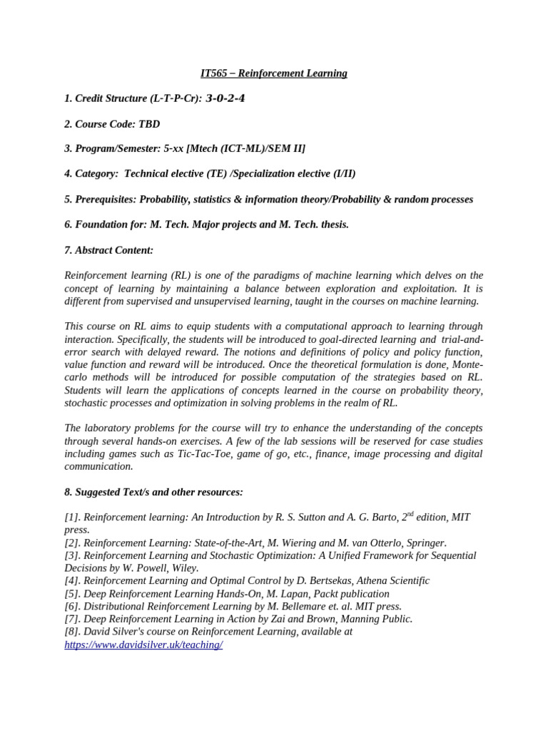 MTech Reinforcement Learning Course | PDF | Machine Learning | Cognitive Science