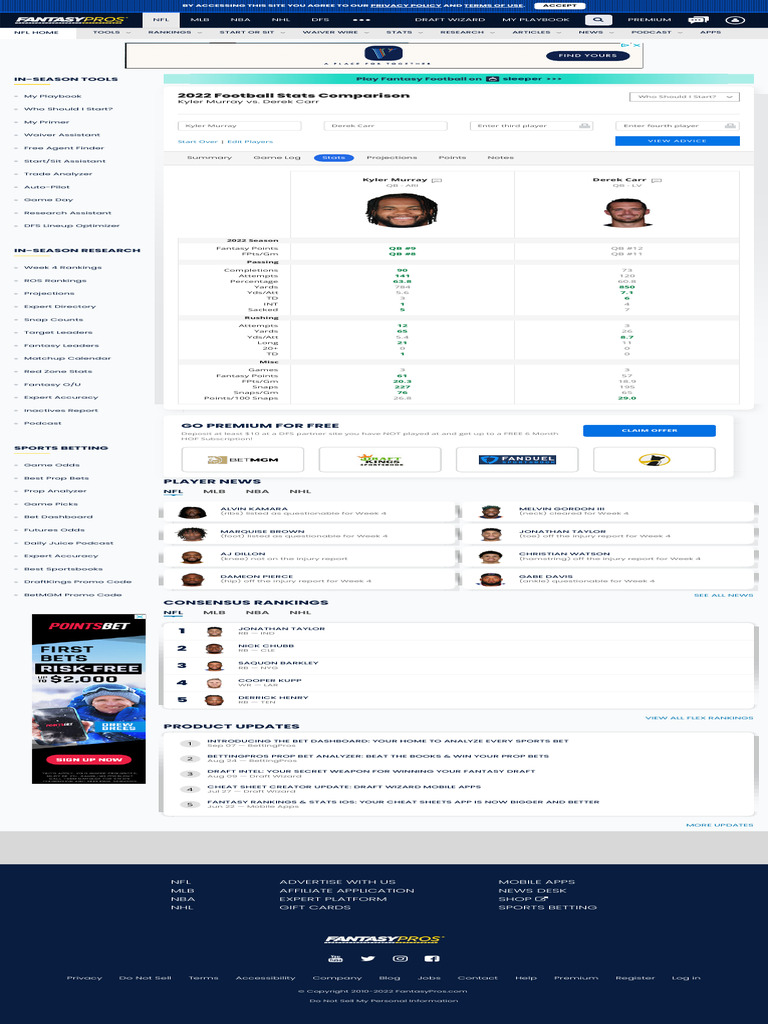Kyler Murray vs. Derek Carr Stats FantasyPros | PDF | American Football ...