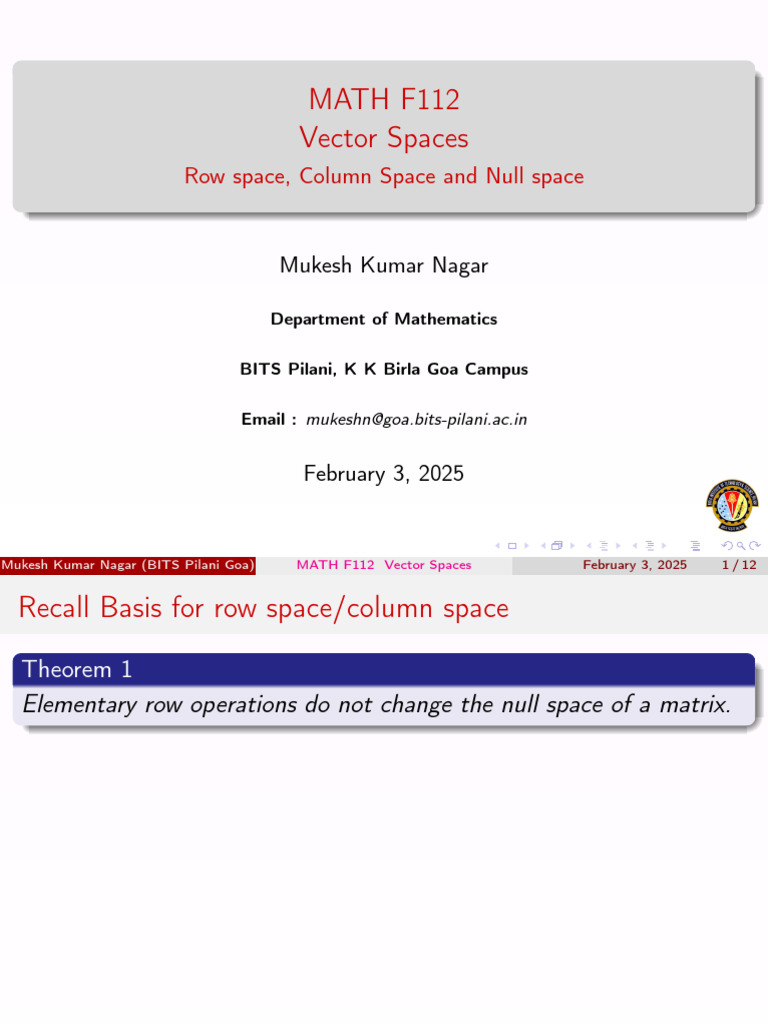 Lec 12 Row Space, Column Space and Null Space | PDF | Basis (Linear ...