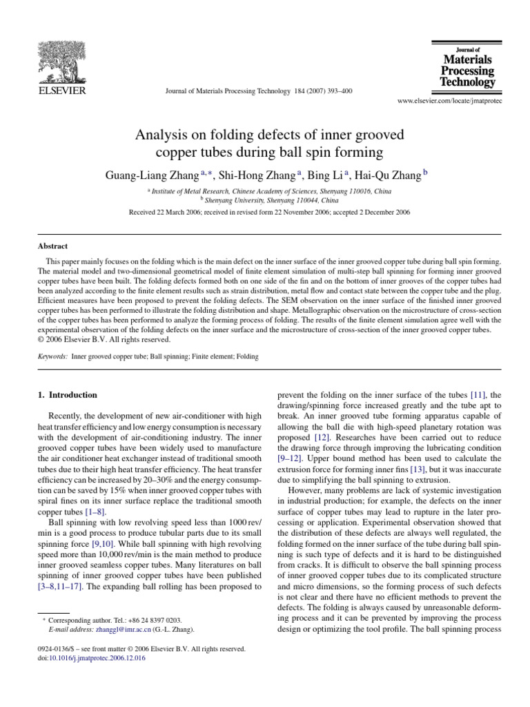 Analysis On Folding Defects of Inner Grooved Copper Tubes During Ball ...