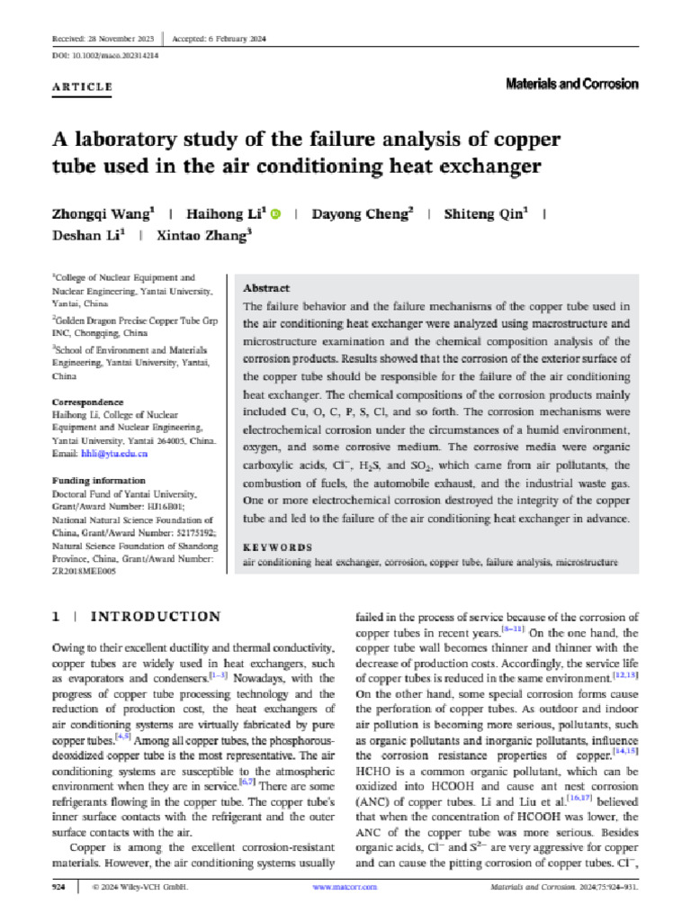 A Laboratory Study of The Failure Analysis of Copper Tube Used in The Air Conditioning Heat ...