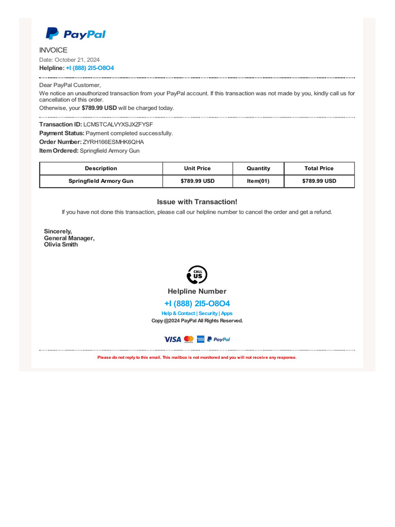 Unauthorized PayPal Transaction Alert | PDF
