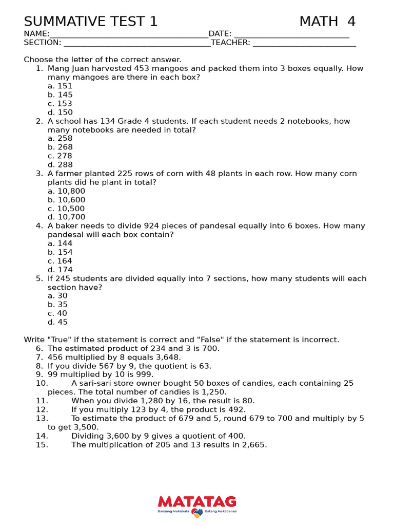 Math 4 Summative 01 Pdf Multiplication Mathematics