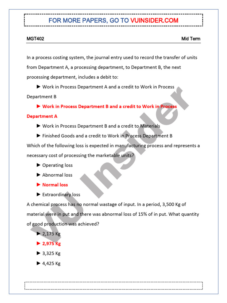 MGT402 Mid Term Past Paper 3 | PDF | Cost Of Goods Sold | Business