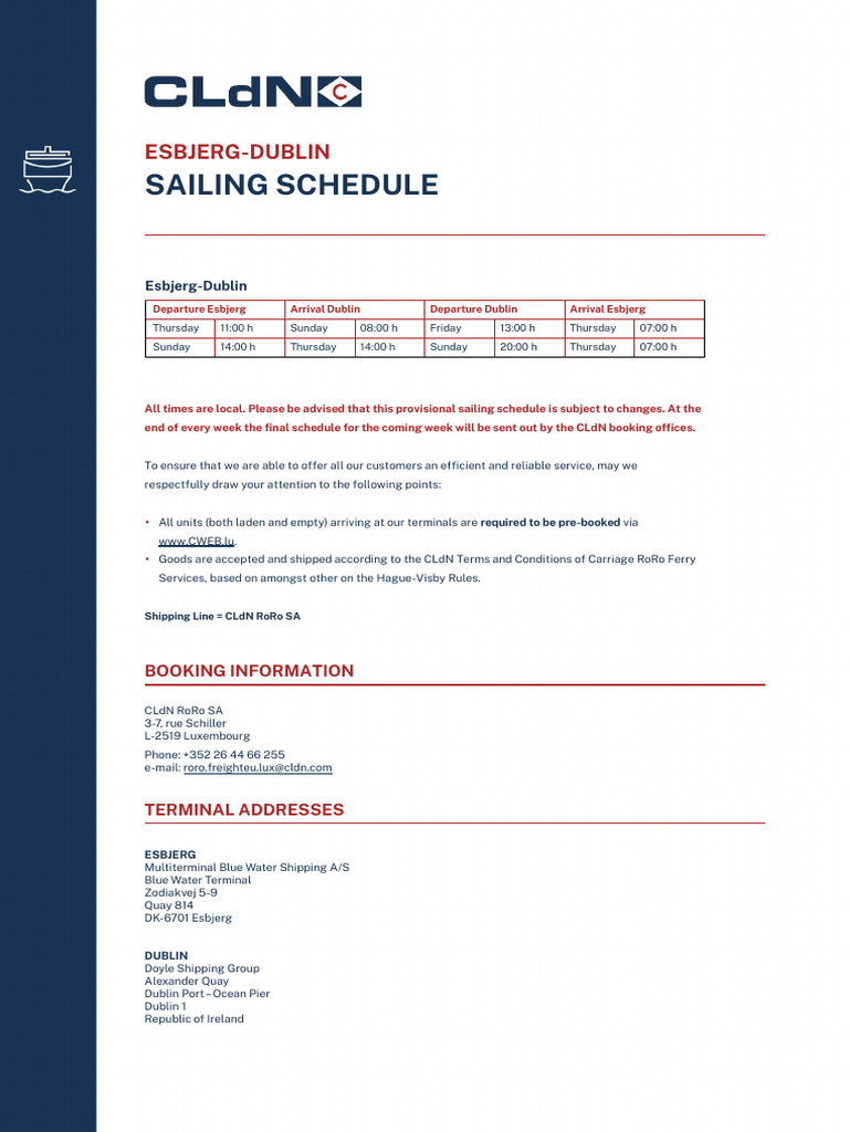 Esbjerg-Dublin Sailing Schedule | PDF