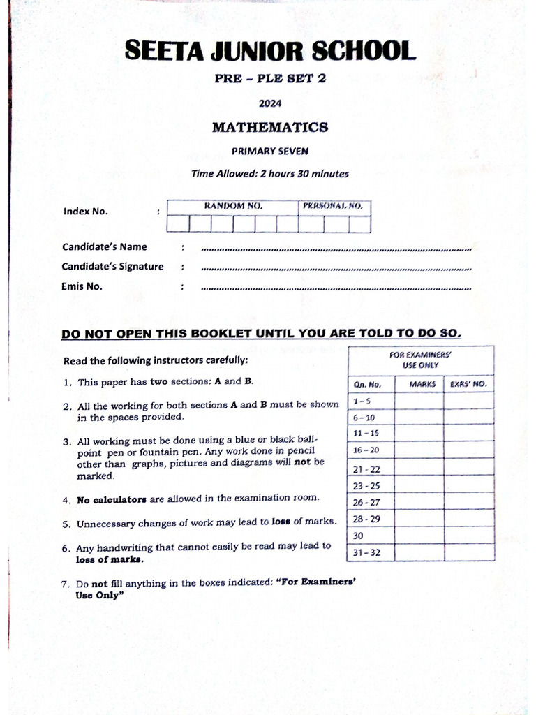 P.7 Maths Set 2 | PDF