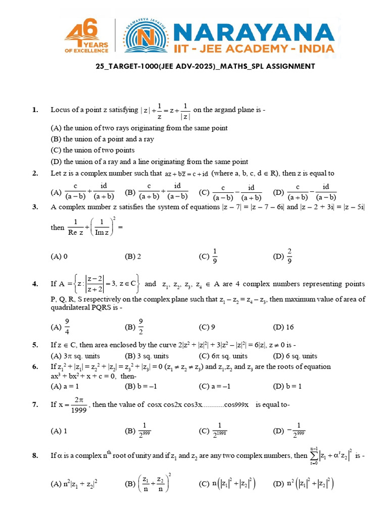 13-02-25 TARGET-1000 (JEE ADV-2025) MATHS SPL Assignment Complex Numbers-I | PDF | Circle ...