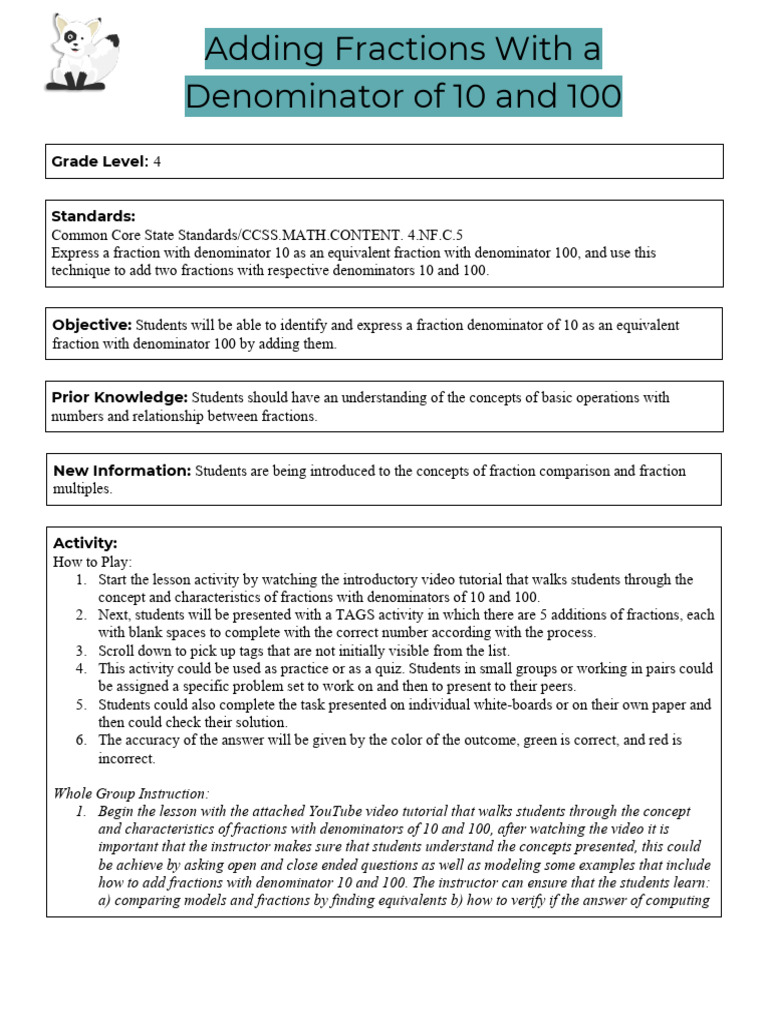 Adding Fractions With a Denominator of 10 and 100-1 | PDF ...