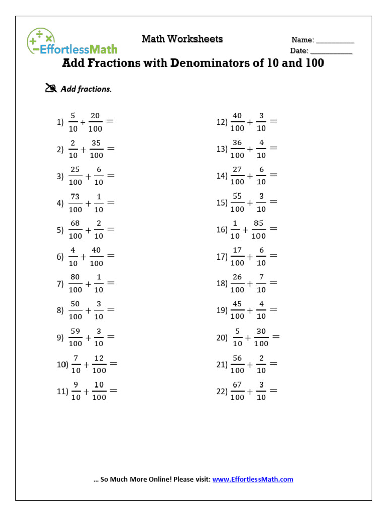 Add Fractions With Denominators of 10 and 100 | PDF | Lexicology ...