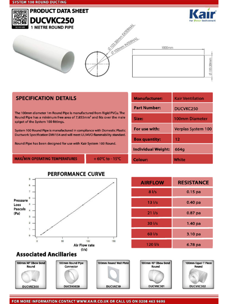DUCVKC250-Kair-System-100mm-Round-Pipe-1m-Length-Technical-Data-Sheet | PDF