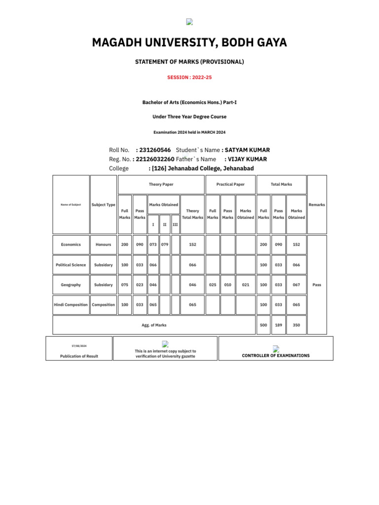 Marksheet _ Magadh University, Bodh Gaya | PDF
