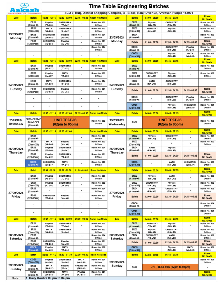 Updated - Engineering Time Table - 23 Sep 2024 To 29 Sep 2024 | PDF