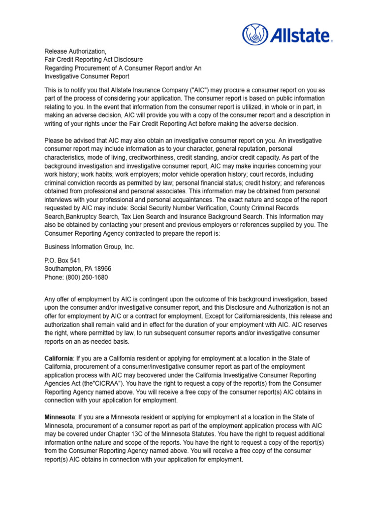 Allstate Release Authorization - FCRA Disclosure | PDF | Background ...
