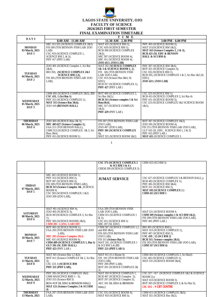 2024/2025 Exam Timetable: Lagos State University | PDF